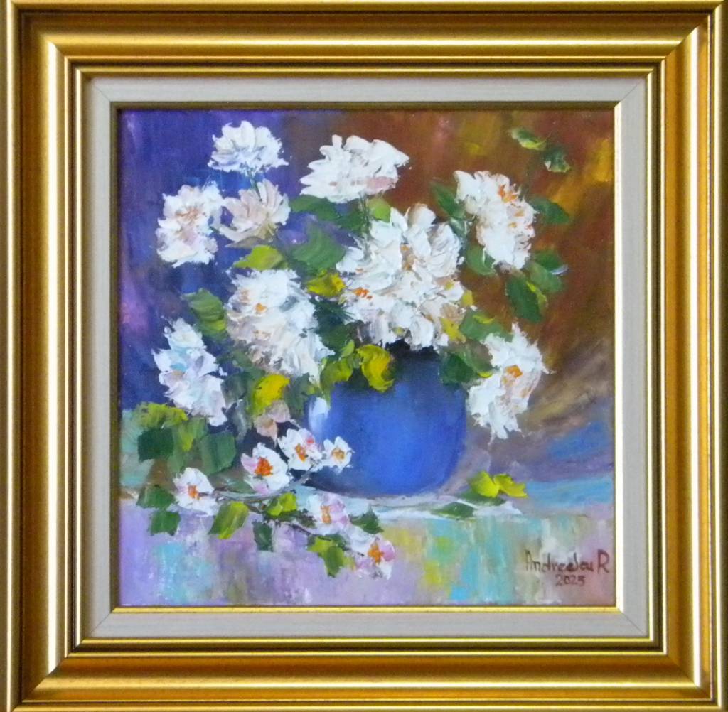 FLORI ALBE IN BOL ALBASTRU. Tablou de Andreescu Razvan