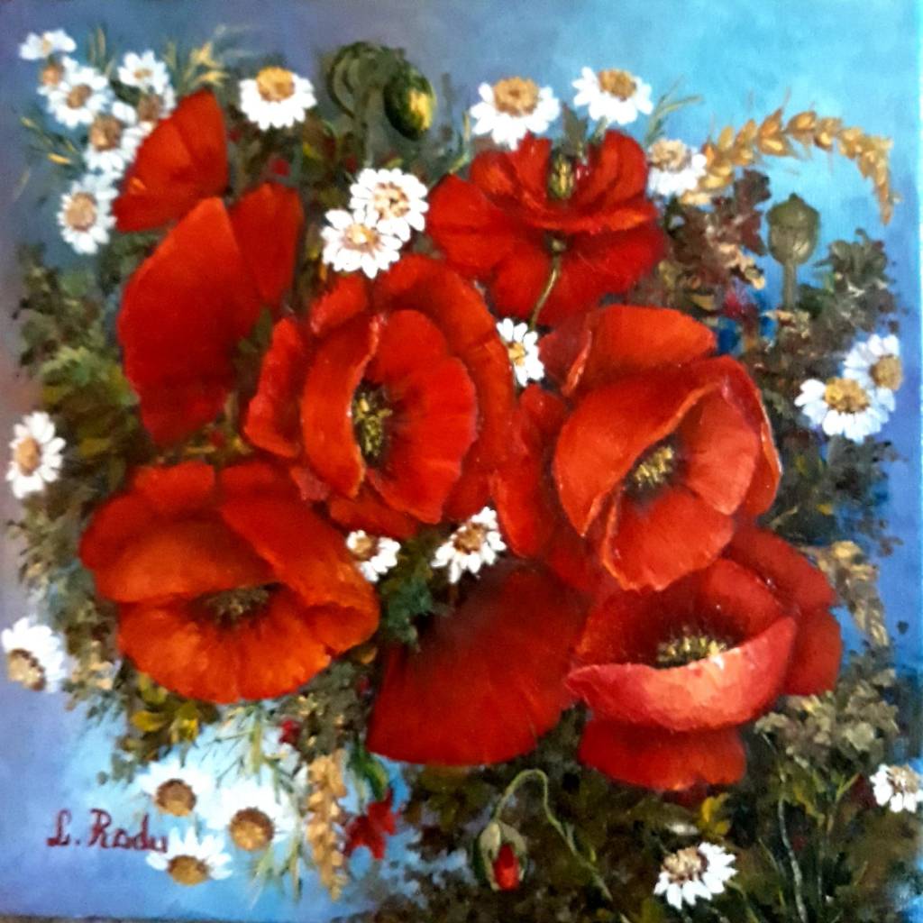 FLORI DE ROMANITA CU MACI. Tablou de Radu Liliana