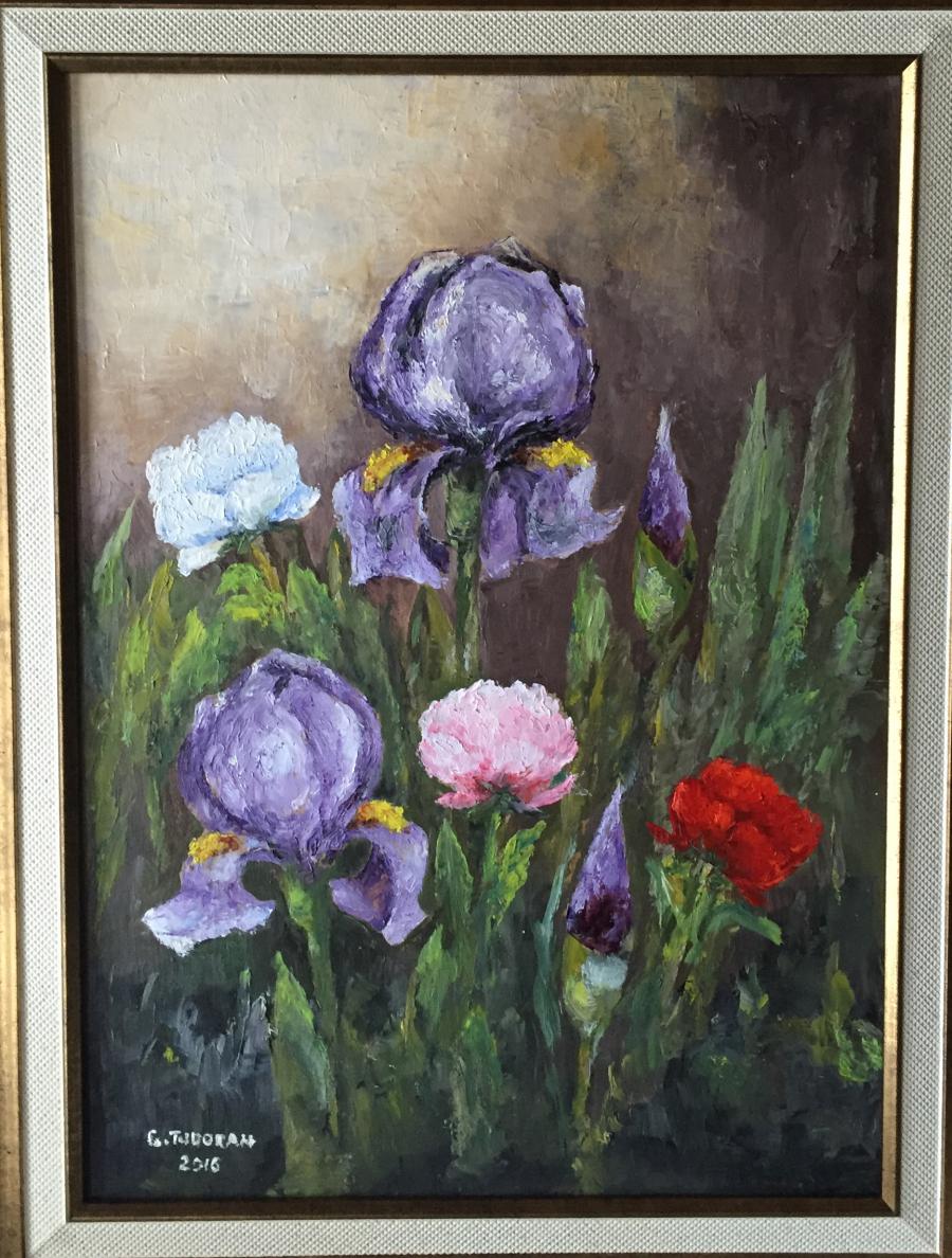 Stânjenei și garoafe. Tablou de Georgeta Tudoran