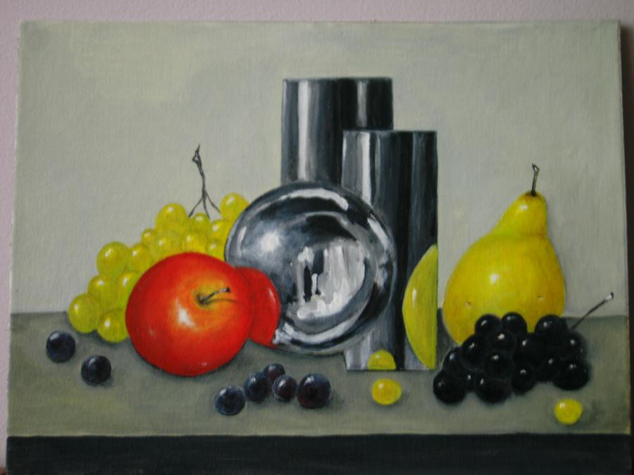 fructe si obiecte de argint. Tablou de Voica Radu